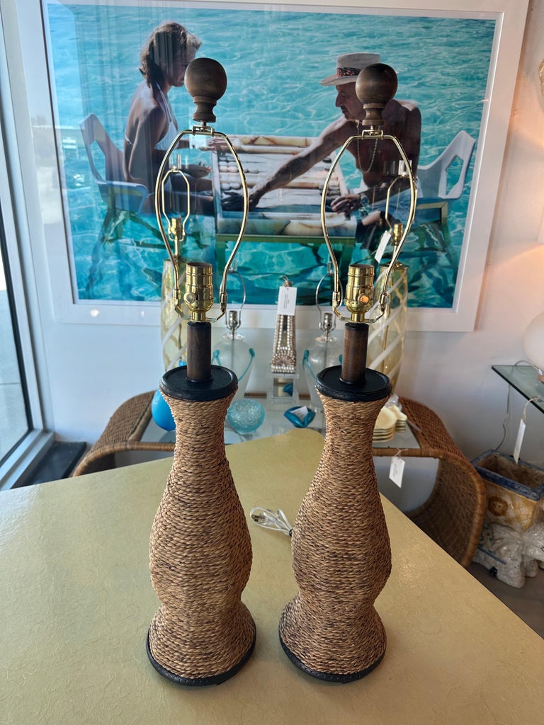 Vintage Pair of Nautical Rope Table Lamps Newly Wired New 3 Way Brass ...