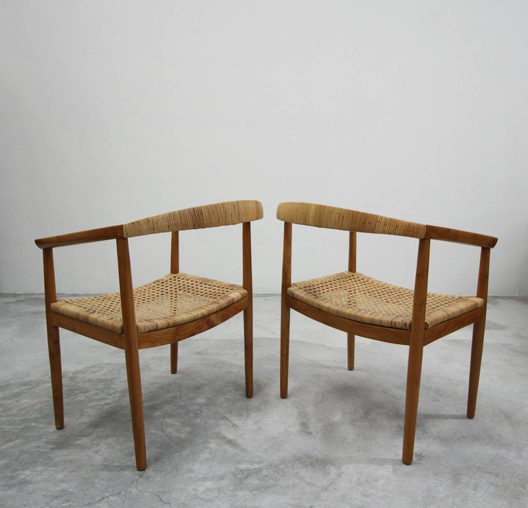 Vintage Pair of Oversized Danish Style Teak and Cane Round Back Side ...