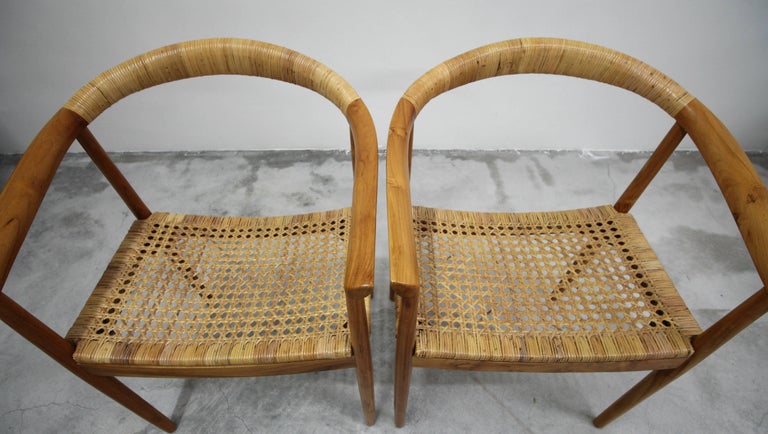 Vintage Pair of Oversized Danish Style Teak and Cane Round Back Side ...