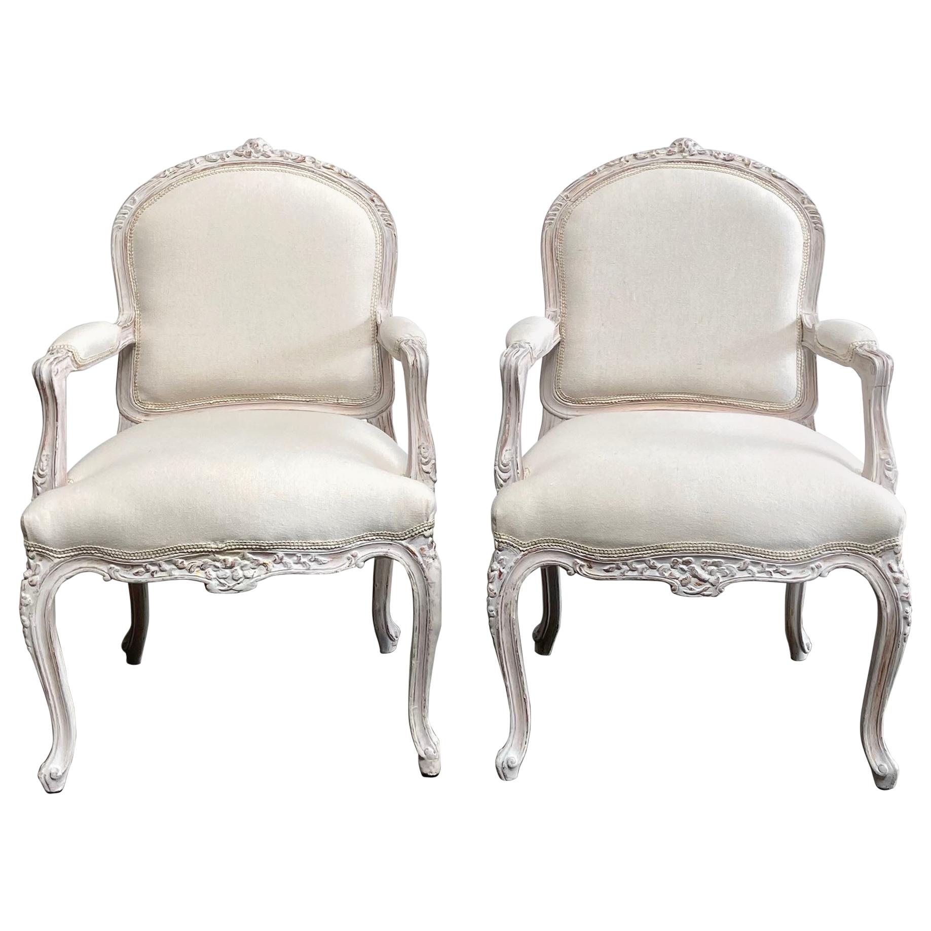 Vintage Pair of Painted and Upholstered Louis XV Style Open Armchairs ...