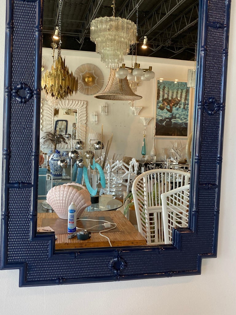 Vintage Pair of Palm Beach Faux Bamboo Navy Blue Lacquered Wall Mirrors ...