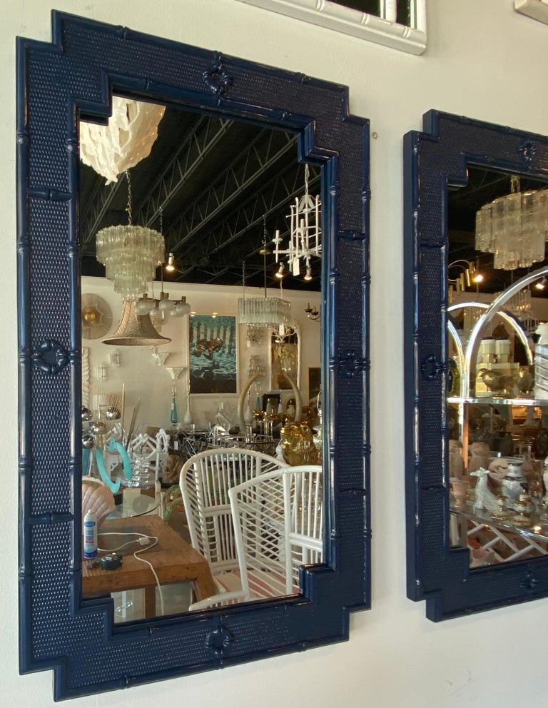 Vintage Pair of Palm Beach Faux Bamboo Navy Blue Lacquered Wall Mirrors ...