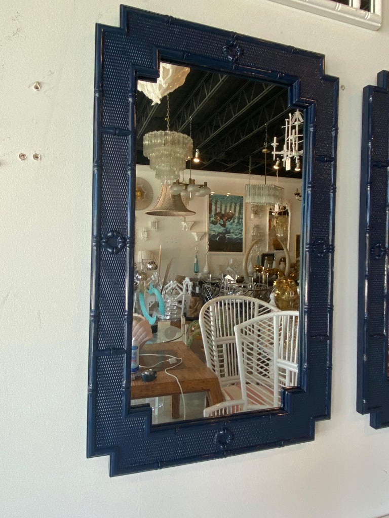 Vintage Pair of Palm Beach Faux Bamboo Navy Blue Lacquered Wall Mirrors ...