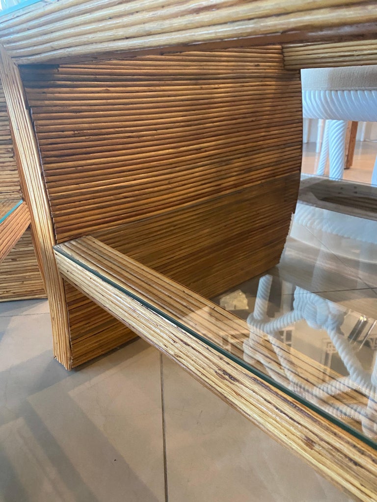 Vintage Pair of Pencil Reed Bamboo End Side Tables Double Glass Shelf ...