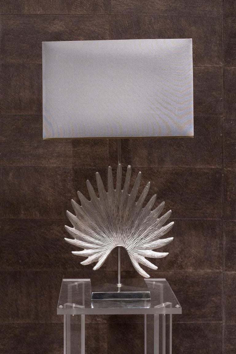 Vintage Pair of Silver Metal Lamps with Leaf Motif, 1980 at 1stDibs