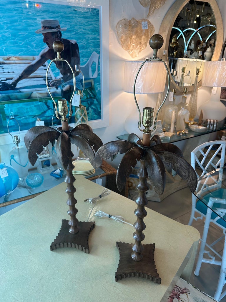 Vintage Pair of Tropical Beach Palm Tree Leaf Table Lamps Newly Wired ...