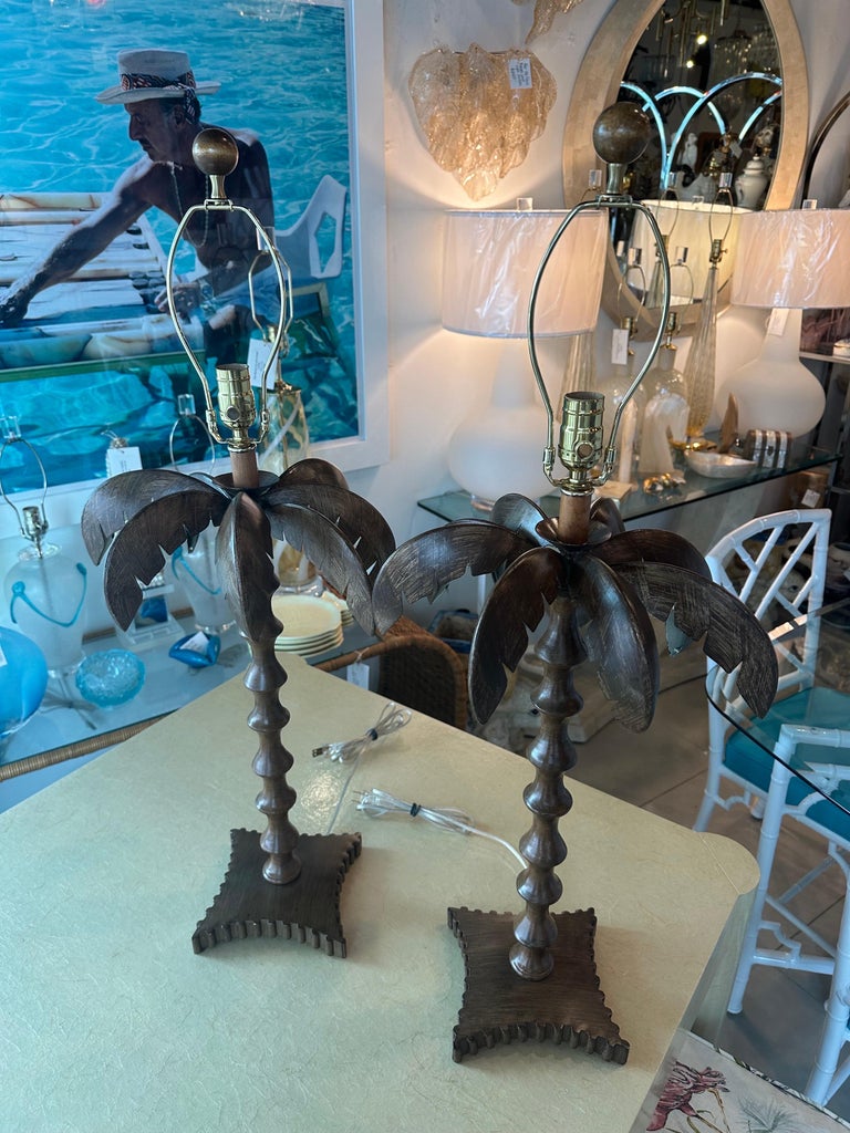 Vintage Pair of Tropical Beach Palm Tree Leaf Table Lamps Newly Wired ...