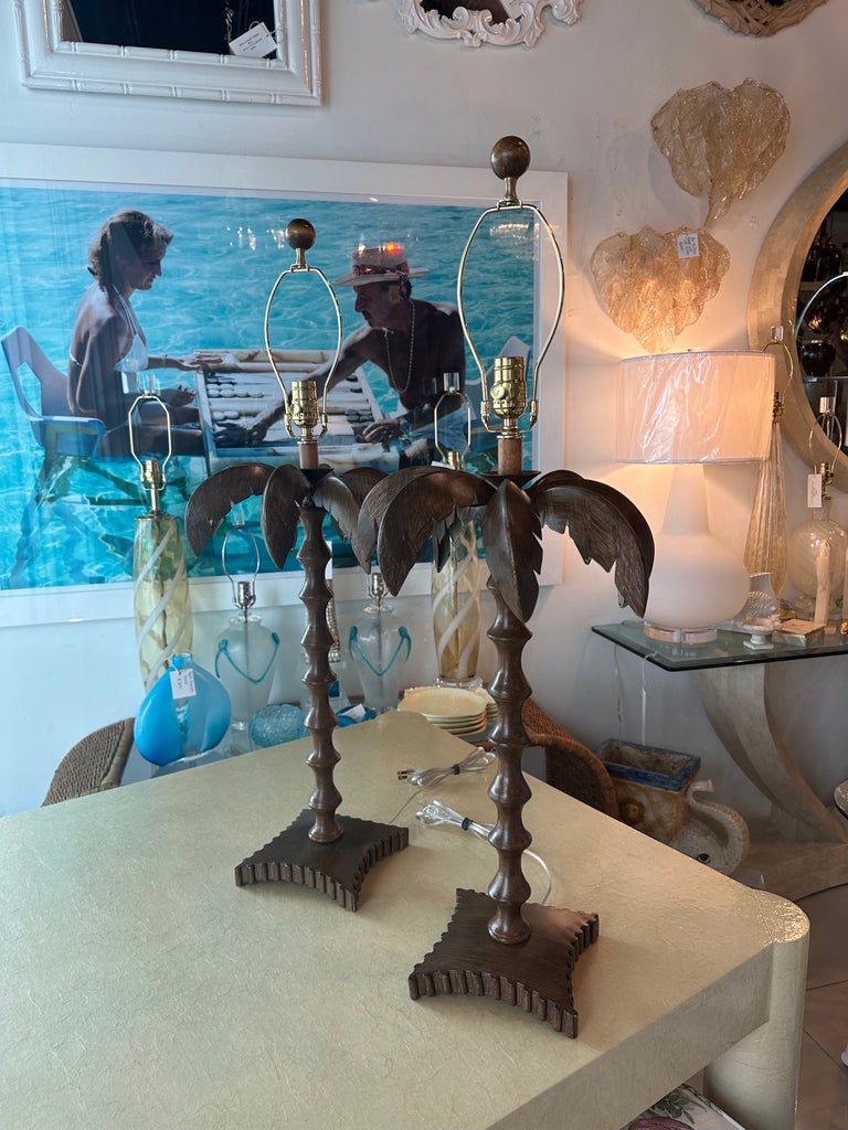 Vintage Pair of Tropical Beach Palm Tree Leaf Table Lamps Newly Wired ...