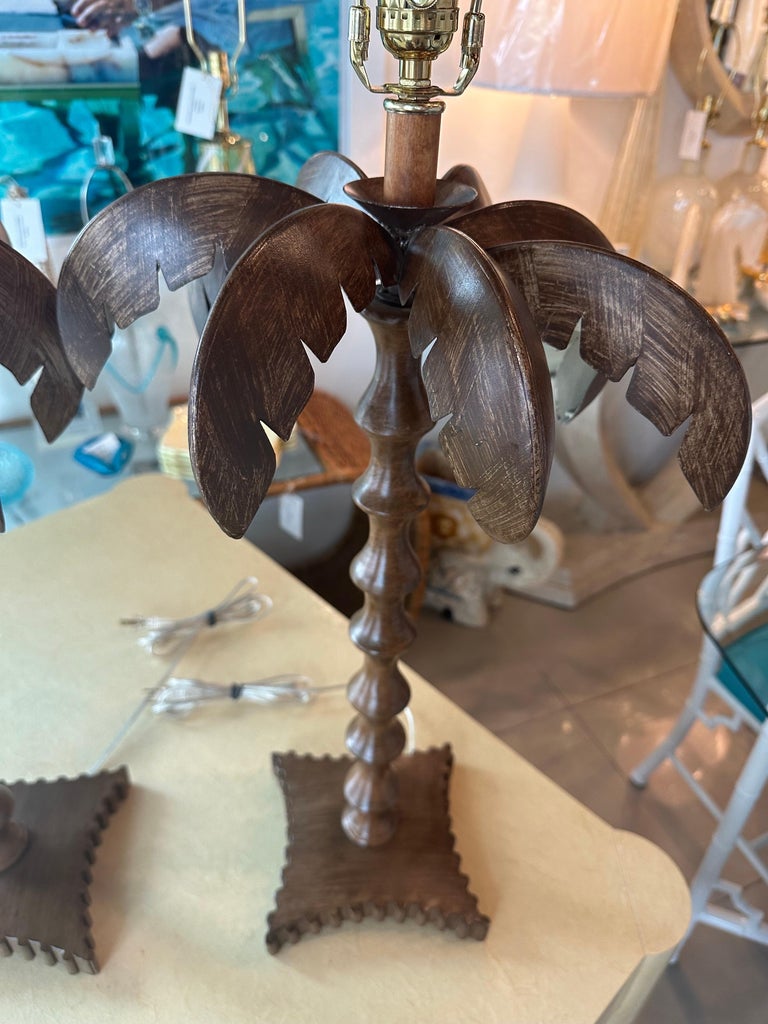 Vintage Pair of Tropical Beach Palm Tree Leaf Table Lamps Newly Wired ...
