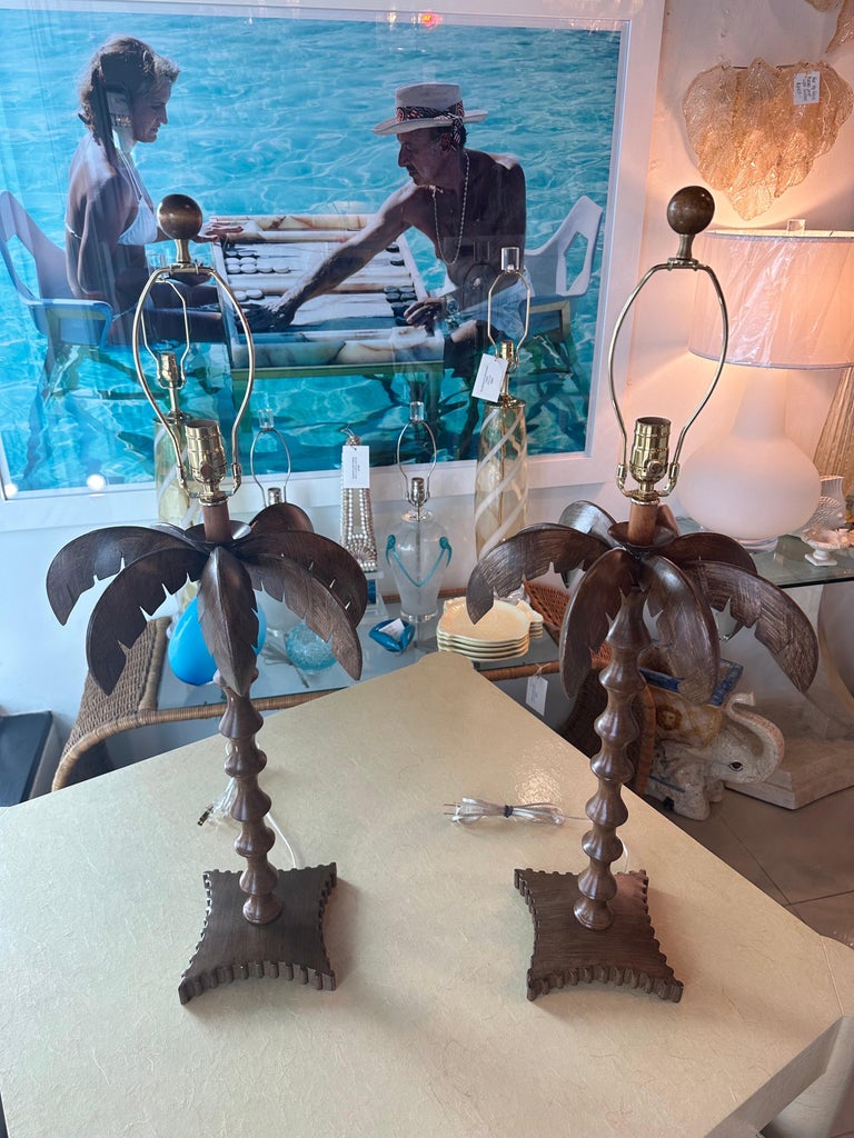 Vintage Pair of Tropical Beach Palm Tree Leaf Table Lamps Newly Wired ...
