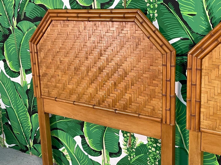 Woven Herringbone Rattan and Brass Faux Bamboo Twin Headboard Pair For ...