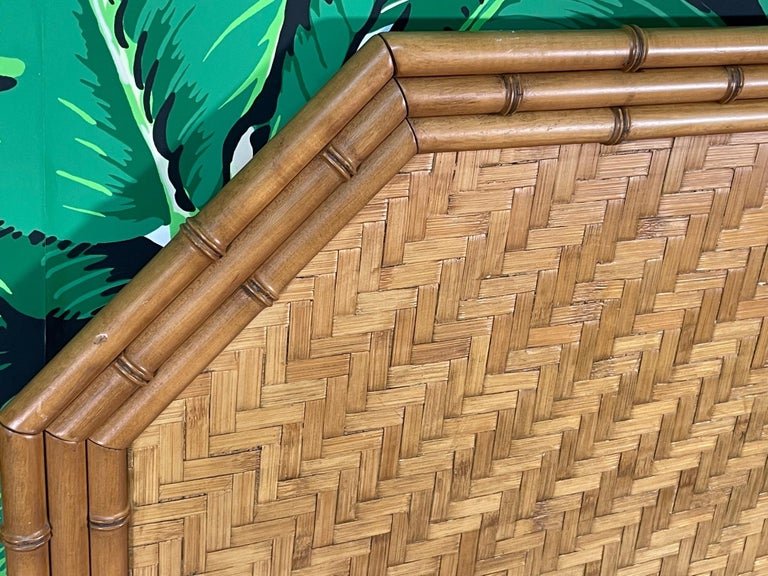 Woven Herringbone Rattan and Brass Faux Bamboo Twin Headboard Pair For ...