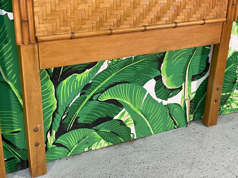 Woven Herringbone Rattan and Brass Faux Bamboo Twin Headboard Pair For ...