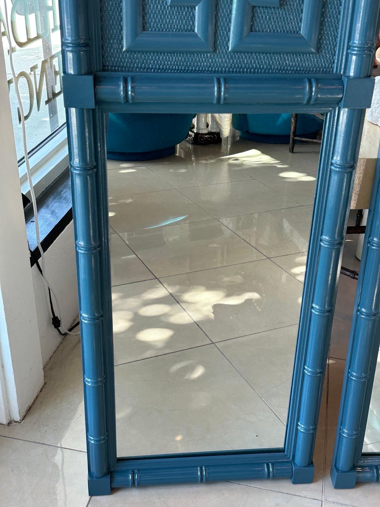 Vintage Pair of Wood Faux Bamboo Greek Key Blue Lacquered Wall Mirrors ...