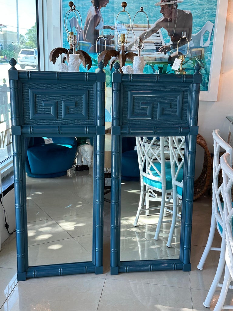 Vintage Pair of Wood Faux Bamboo Greek Key Blue Lacquered Wall Mirrors ...