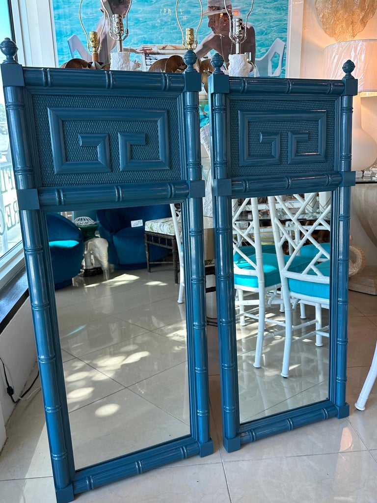 Vintage Pair of Wood Faux Bamboo Greek Key Blue Lacquered Wall Mirrors ...