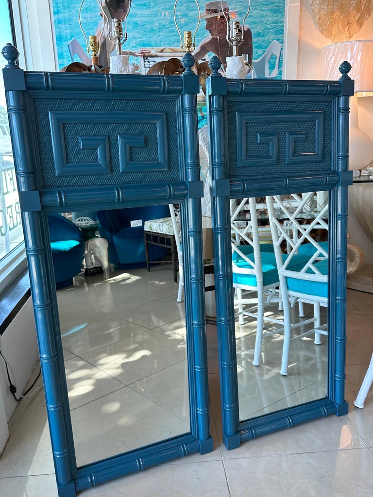 Vintage Pair of Wood Faux Bamboo Greek Key Blue Lacquered Wall Mirrors ...