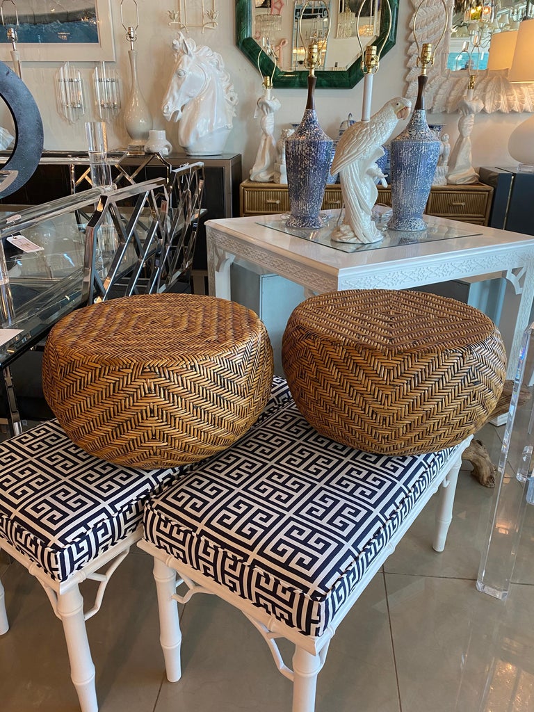 Vintage Pair of Woven Wicker Round Footstools Stools Benches Ottomans ...