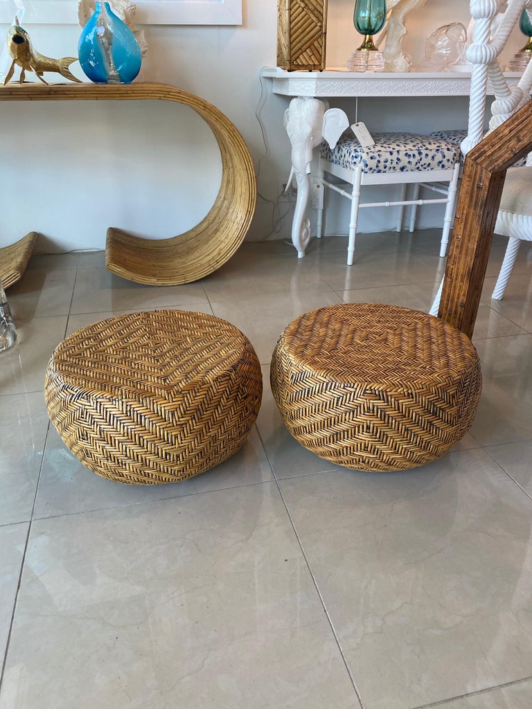 Vintage Pair of Woven Wicker Round Footstools Stools Benches Ottomans ...