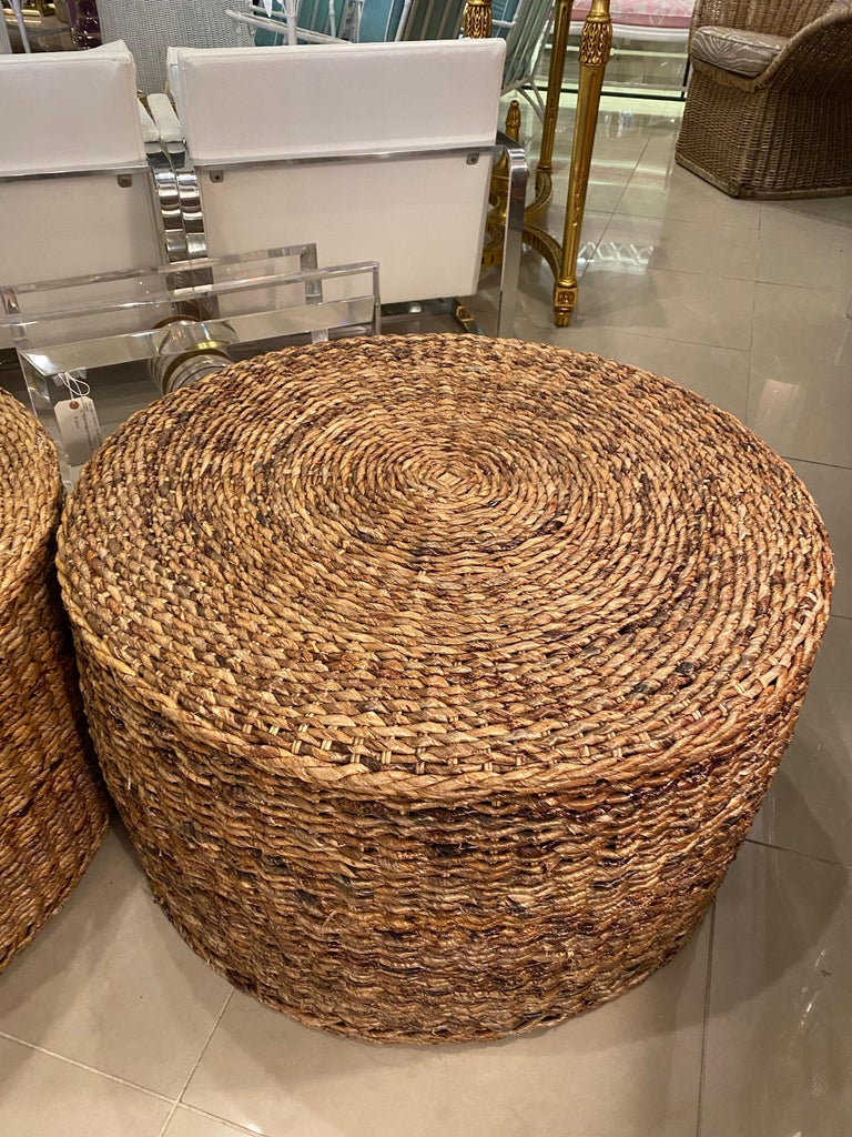 Vintage Pair Oversized Tropical Palm Beach Seagrass Ottomans Benches ...