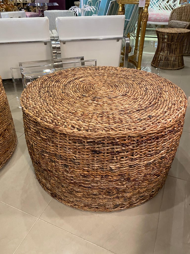 Vintage Pair Oversized Tropical Palm Beach Seagrass Ottomans Benches ...