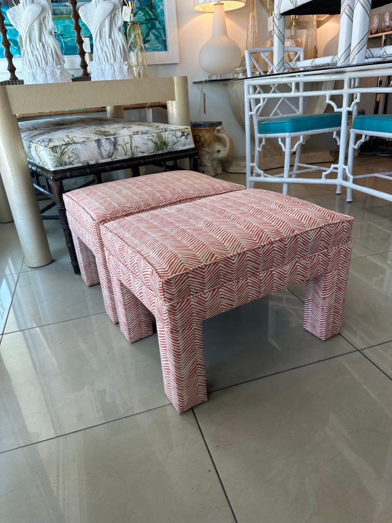 Vintage Pair Parsons Benches Stools Ottomans Newly Upholstered Coral Quadrille For Sale at 1stDibs