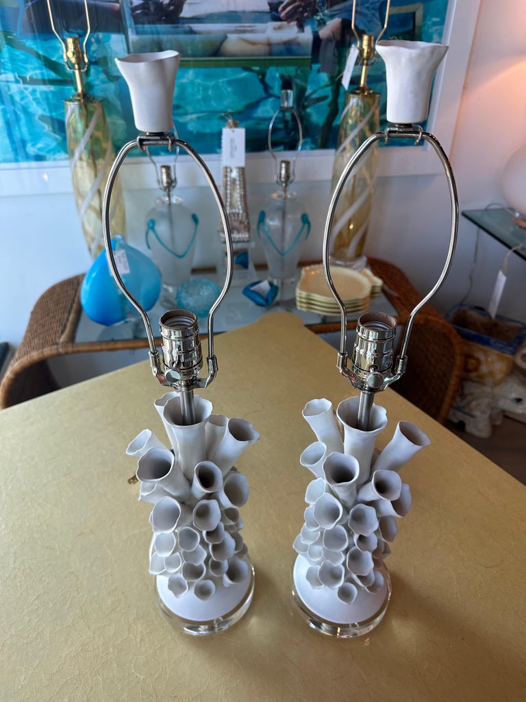 Vintage Pair Porcelain Faux Coral Tubes Table Lamps Lucite Base Newly ...