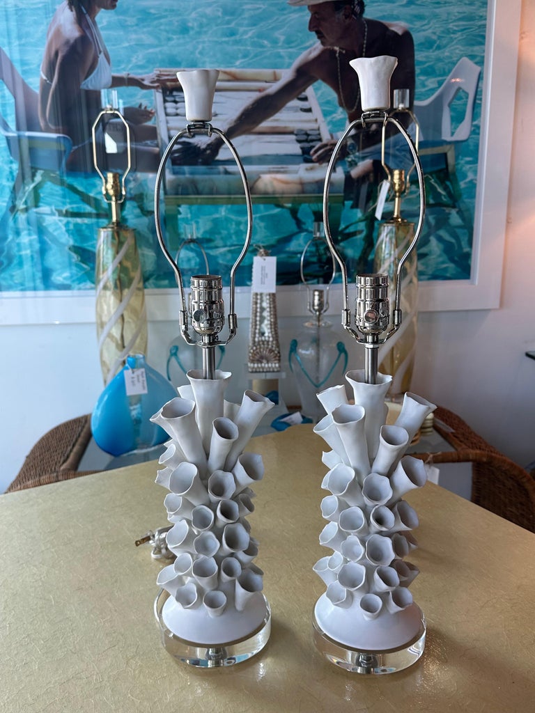 Vintage Pair Porcelain Faux Coral Tubes Table Lamps Lucite Base Newly ...