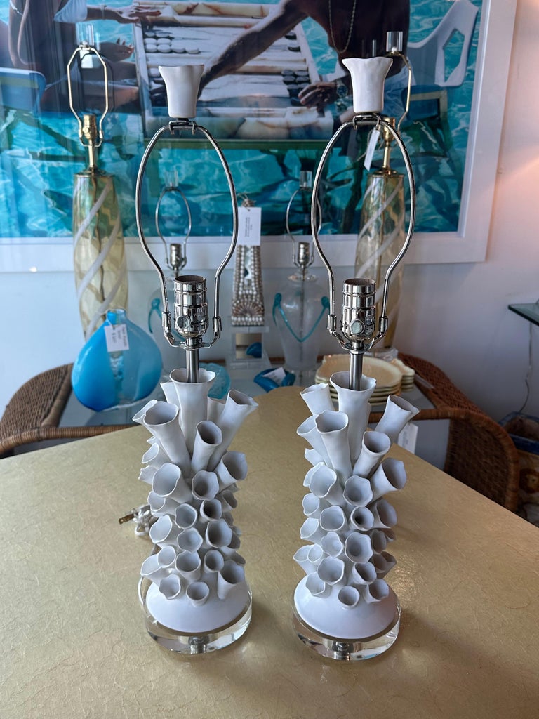 Vintage Pair Porcelain Faux Coral Tubes Table Lamps Lucite Base Newly ...