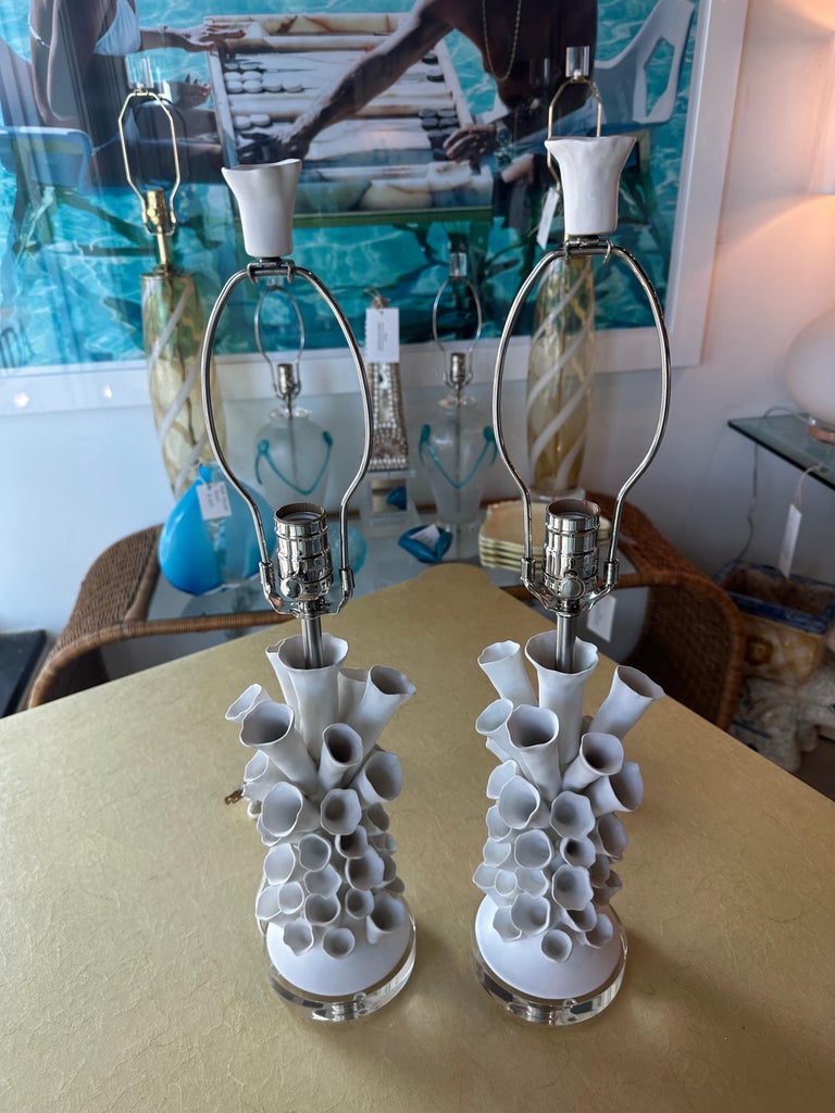 Vintage Pair Porcelain Faux Coral Tubes Table Lamps Lucite Base Newly ...