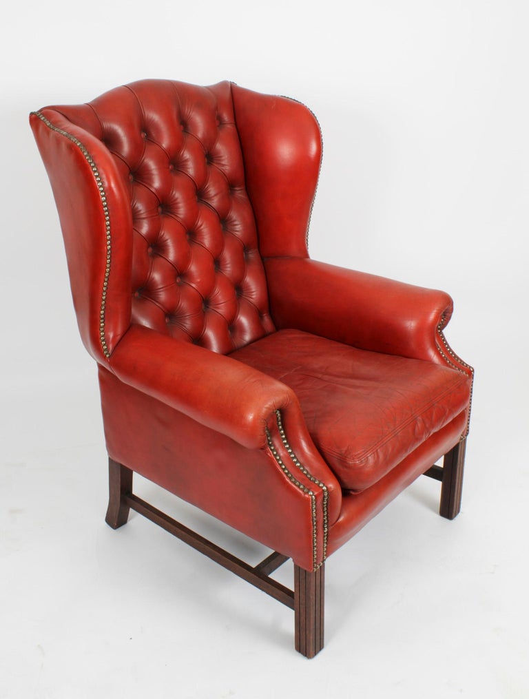 Vintage Pair Red Leather Button Backed Wingback Armchairs 20th Century ...