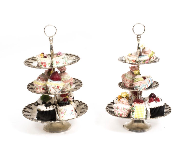 Vintage Pair of Silver Plated Tiered Cake Biscuit Stands at 1stDibs