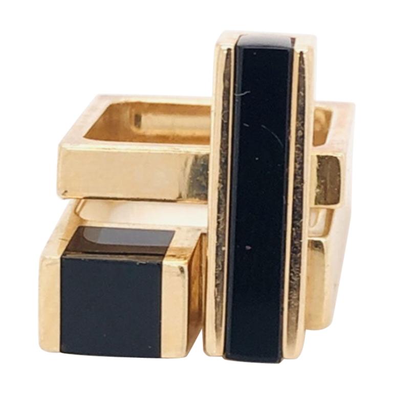 Vintage Pair Square Stacking Bands Gold and Onyx Inlay Rings Estate ...