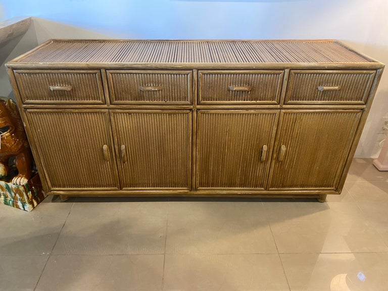 Vintage Palm Beach Bamboo Pencil Reed Credenza Cabinet Buffet Drawers ...