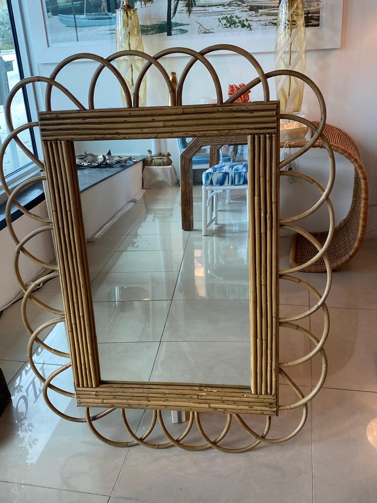 Vintage Palm Beach Loop Rattan and Bamboo Reed Wall Mirror at 1stDibs