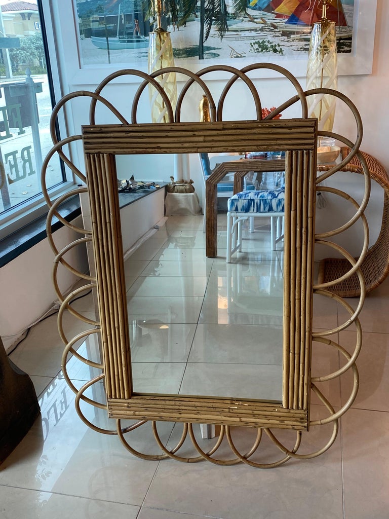 Vintage Palm Beach Loop Rattan and Bamboo Reed Wall Mirror at 1stDibs