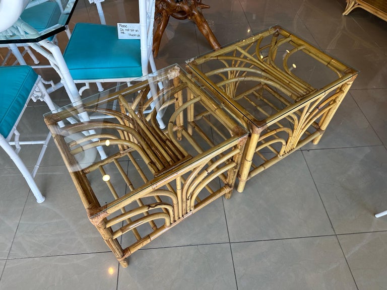 Vintage Palm Beach Pair Rattan Bamboo Starburst End Side Tables Glass ...