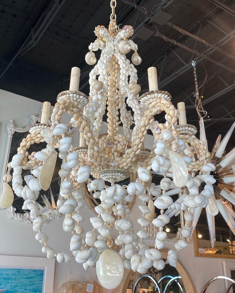 Vintage Palm Beach Shell Seashell 6 Light Chandelier For Sale at 1stDibs