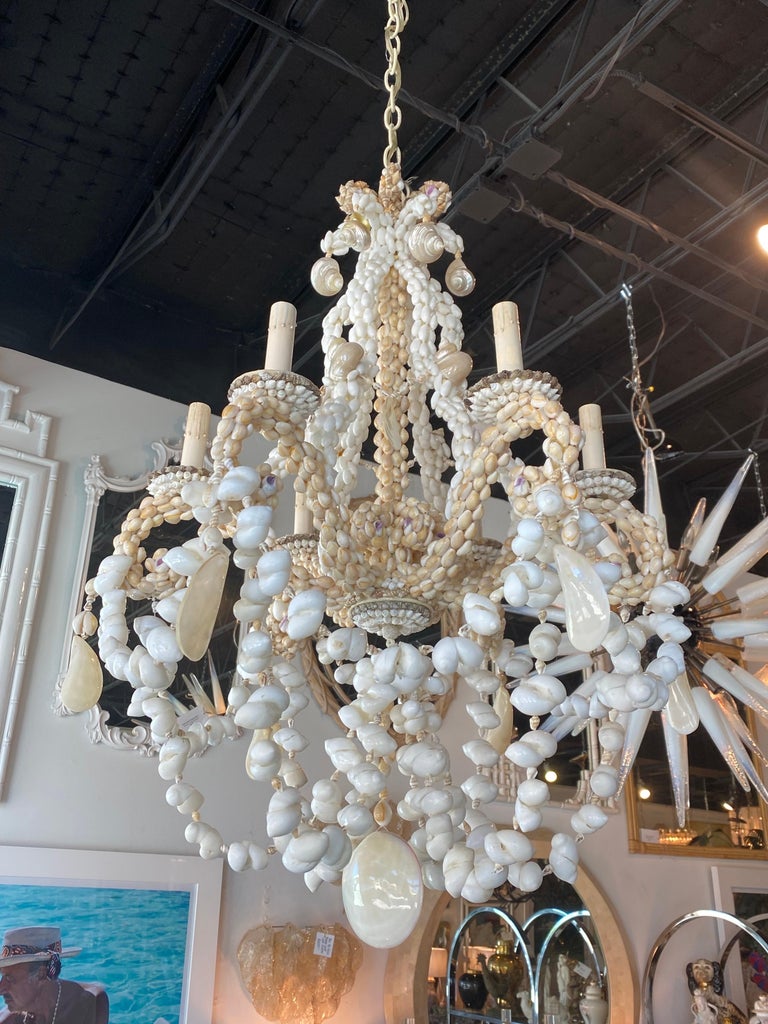 Vintage Palm Beach Shell Seashell 6 Light Chandelier For Sale at 1stDibs