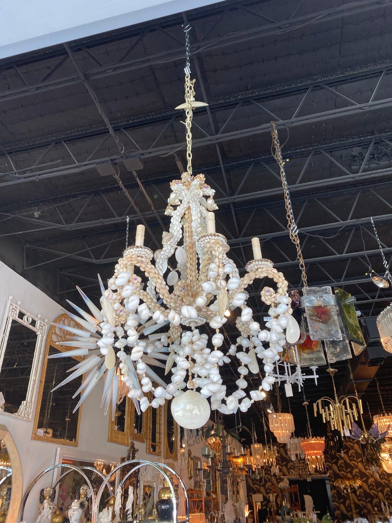 Vintage Palm Beach Shell Seashell 6 Light Chandelier For Sale at 1stDibs