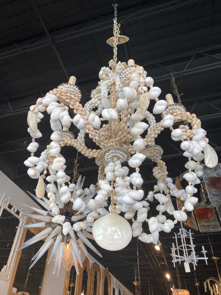Vintage Palm Beach Shell Seashell 6 Light Chandelier For Sale at 1stDibs