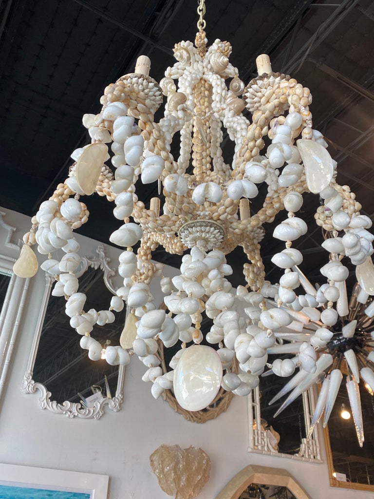 Vintage Palm Beach Shell Seashell 6 Light Chandelier For Sale at 1stDibs