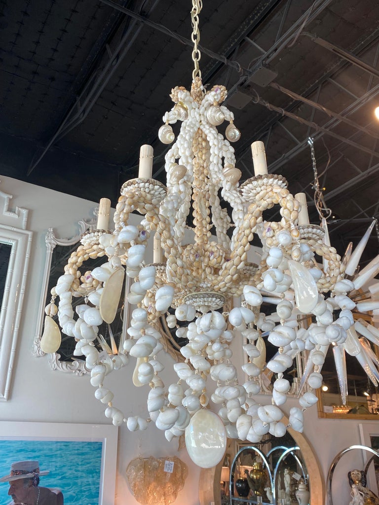 Vintage Palm Beach Shell Seashell 6 Light Chandelier For Sale at 1stDibs