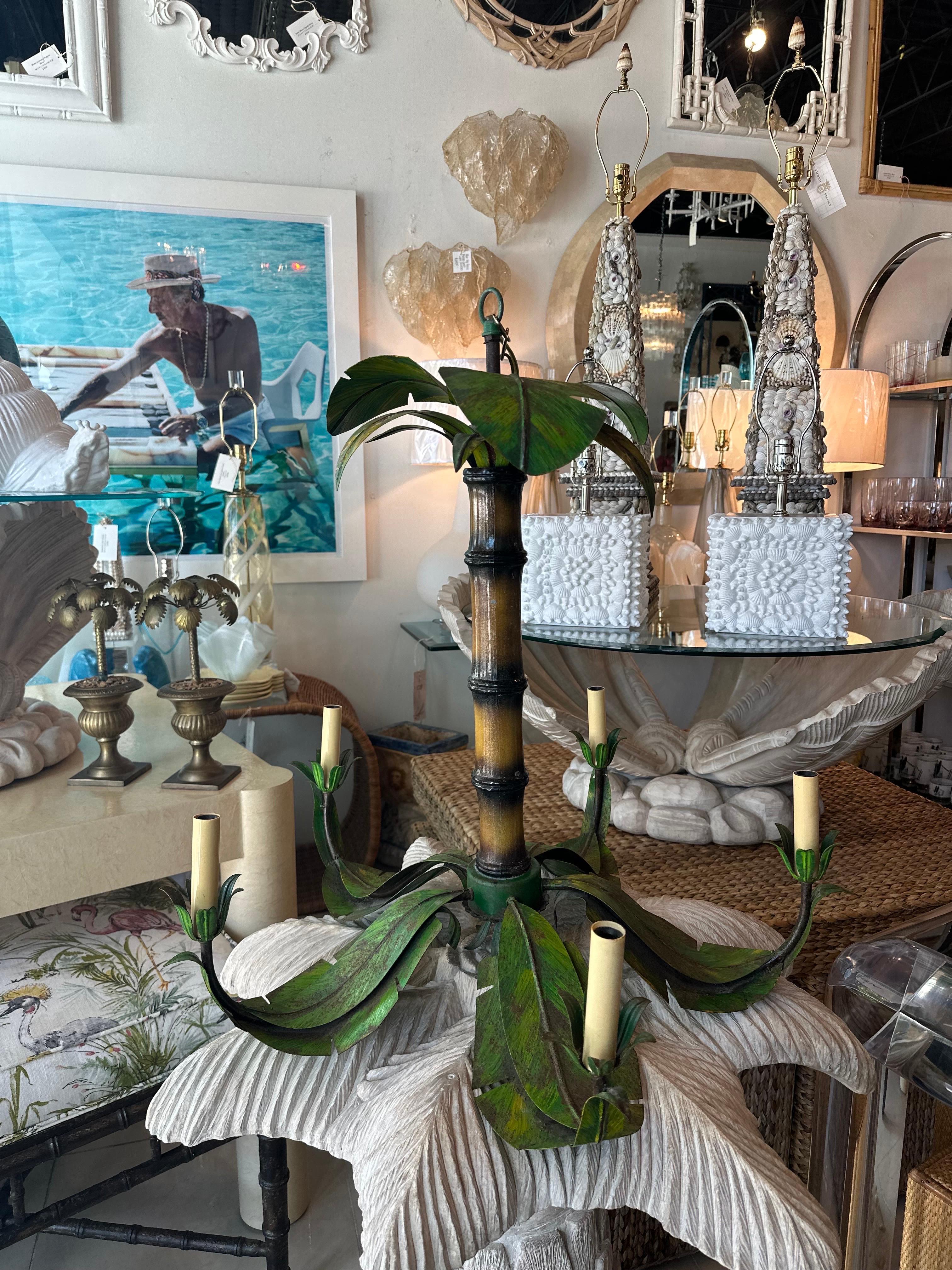 Vintage Palm Beach Tropical Metal Tole Palm Tree Leaf leaves 5 Light ...