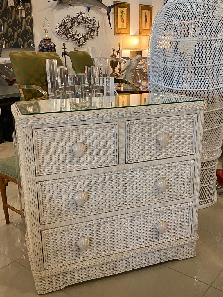 Vintage Palm Beach Wicker Chest of 4 Drawers Dresser Shell Pulls at ...