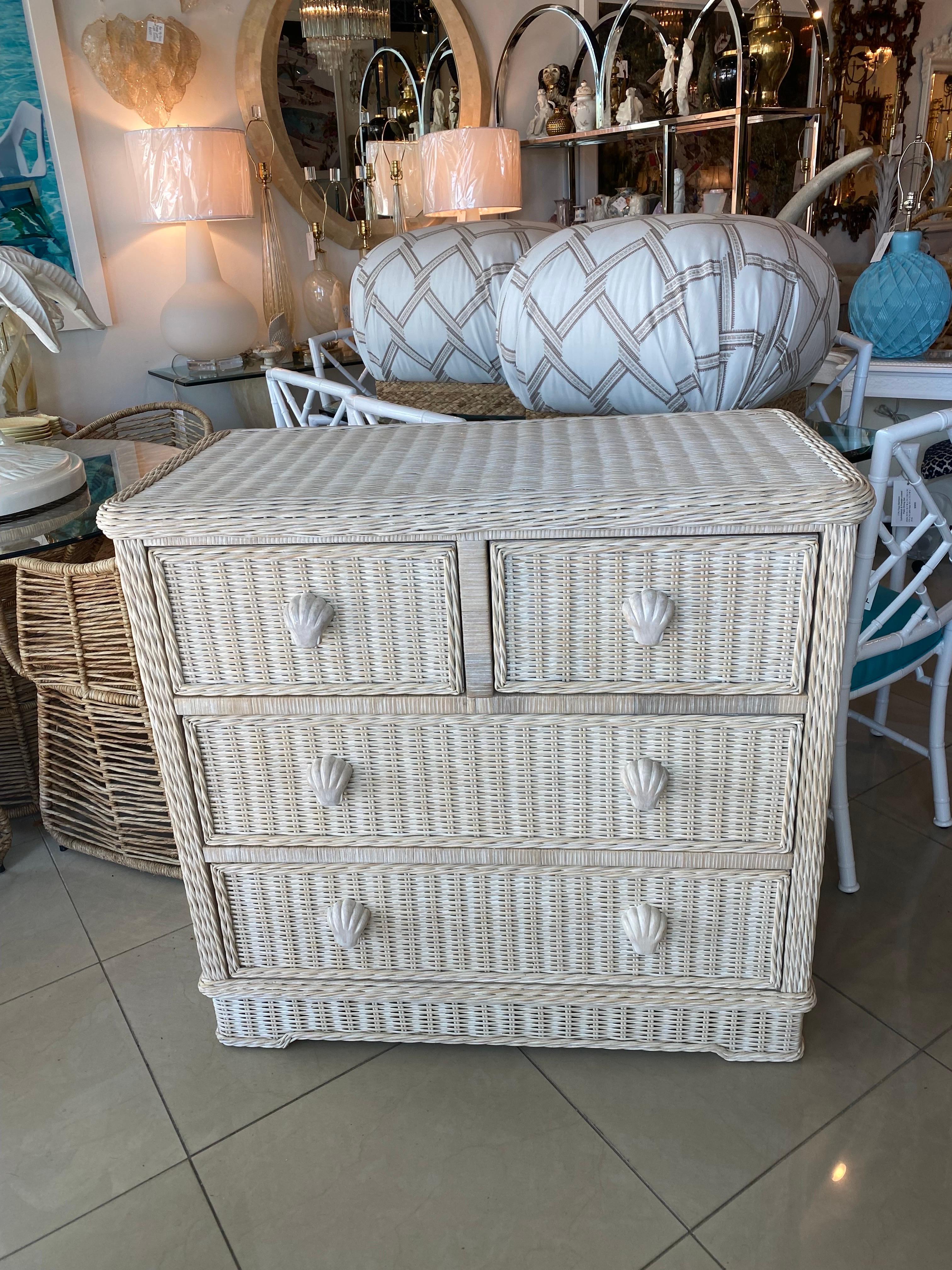 Vintage Palm Beach Wicker Chest of 4 Drawers Dresser Shell Pulls at ...