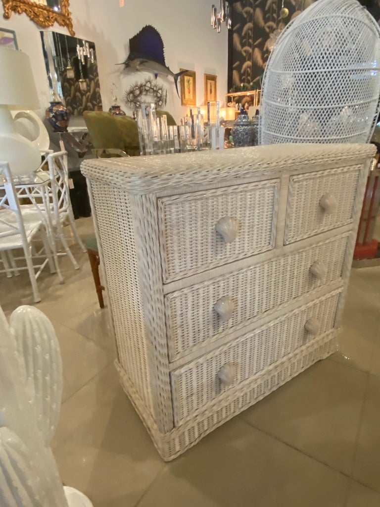 Vintage Palm Beach Wicker Chest of 4 Drawers Dresser Shell Pulls at ...
