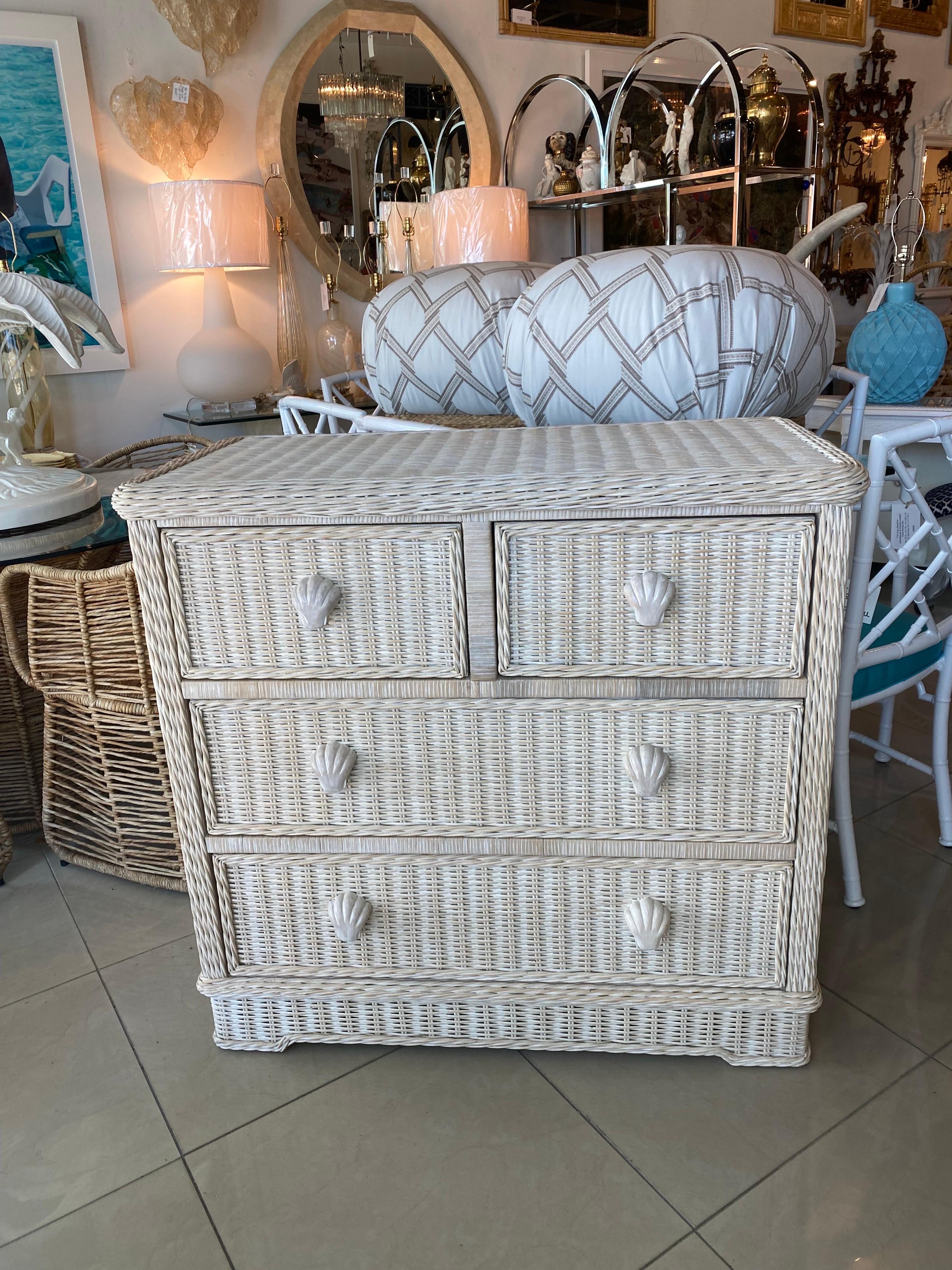Vintage Palm Beach Wicker Chest of 4 Drawers Dresser Shell Pulls at ...