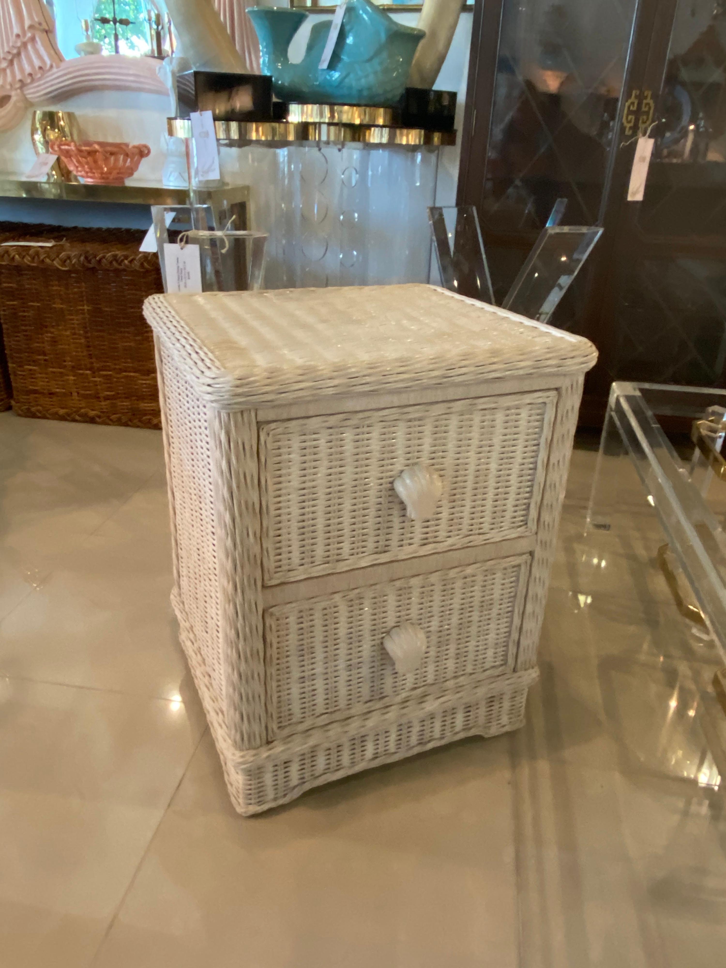 Vintage Palm Beach Wicker Nightstand Chest of 2 Drawers Shell Pulls at ...
