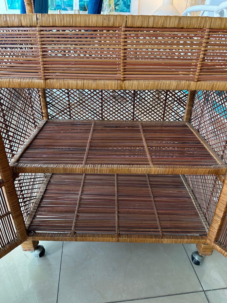 Vintage Palm Beach Wrapped Wicker Reed Rattan Bar Cart with Shelves and ...